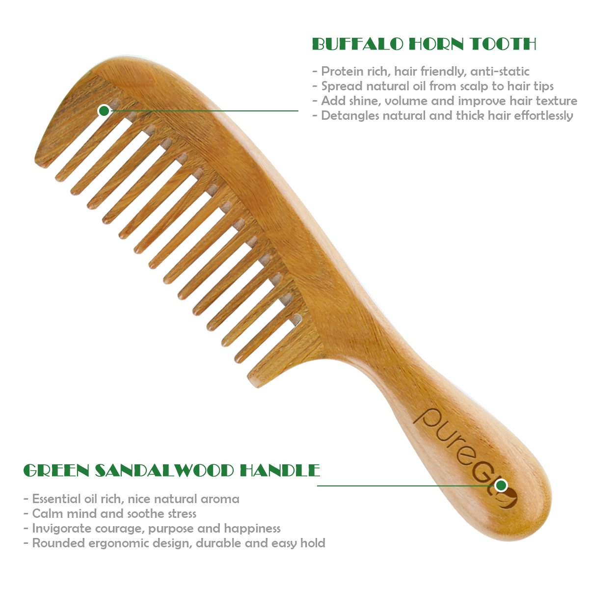 Green Sandalwood Wide Tooth Aroma Handmade Hair Comb – pureGLO Naturals