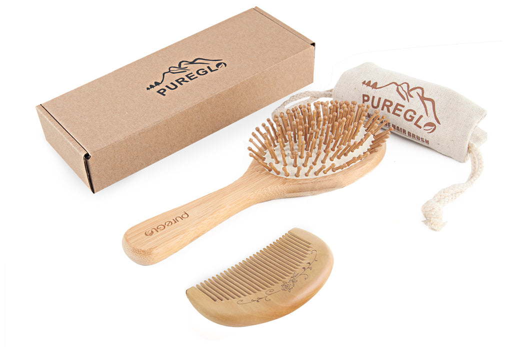 Natural Bamboo Hairbrush and Mini Travel Comb Set – pureGLO Naturals